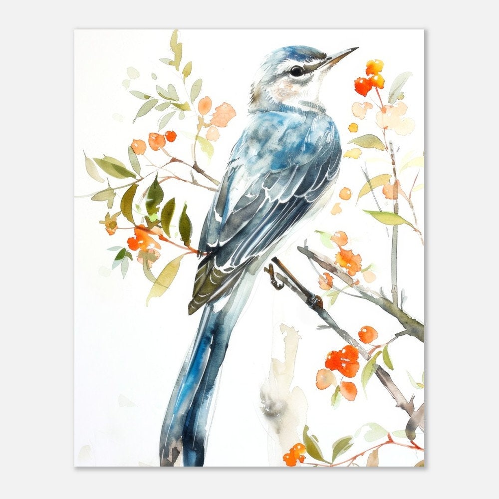 Blue Mockingbird Watercolor Print Bird Painting Modern Home Decor ...