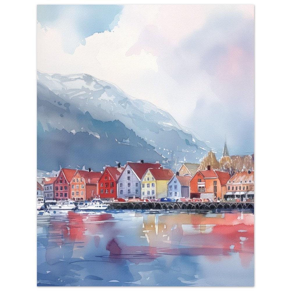 Bergen Watercolor Print Norway Art Norwegian Landscape Painting Coastal ...
