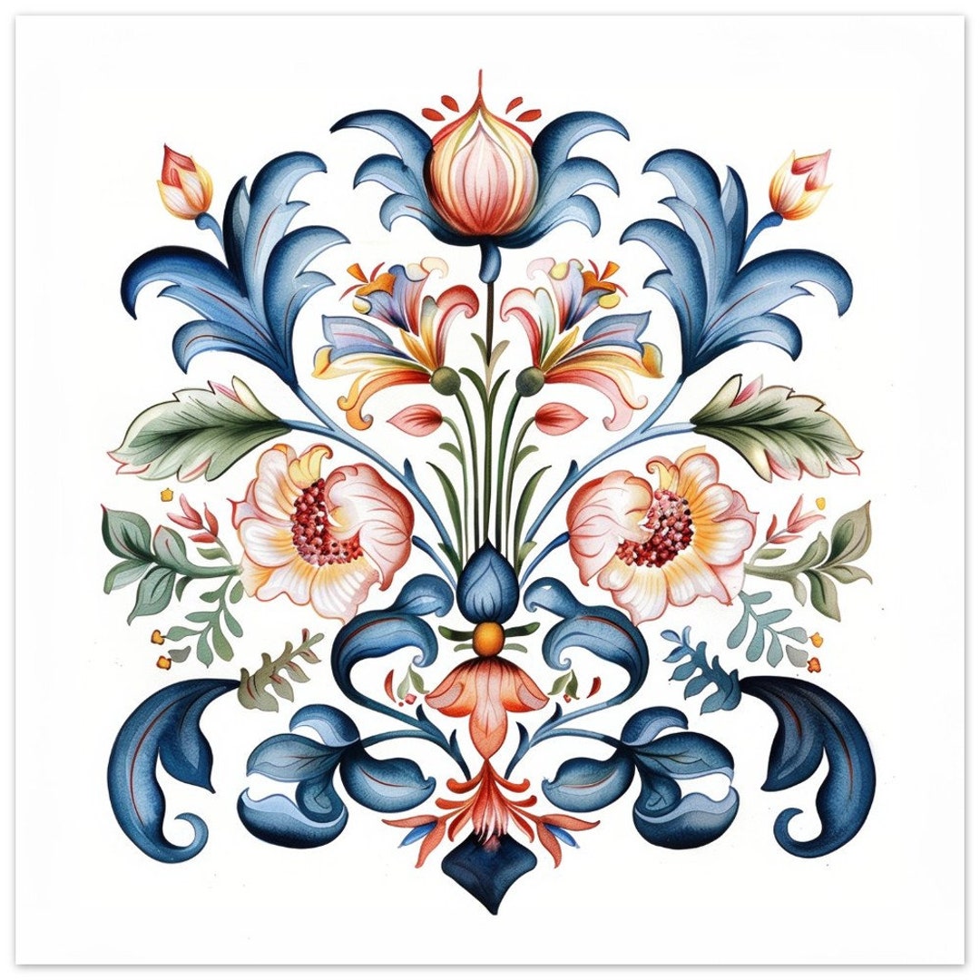 Norwegian Rosemaling Watercolor Print - Traditional Scandinavian Floral ...
