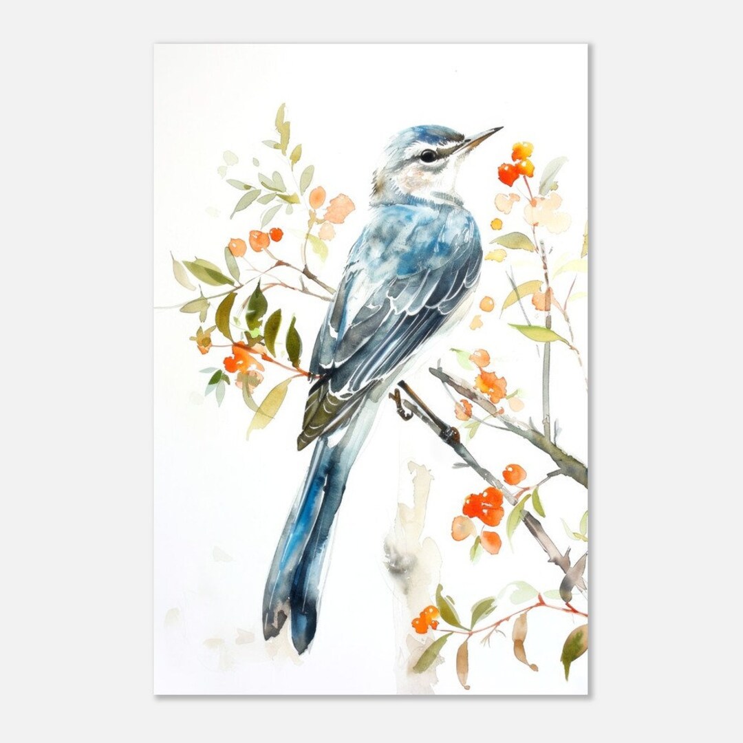 Blue Mockingbird Watercolor Print Bird Painting Modern Home Decor ...