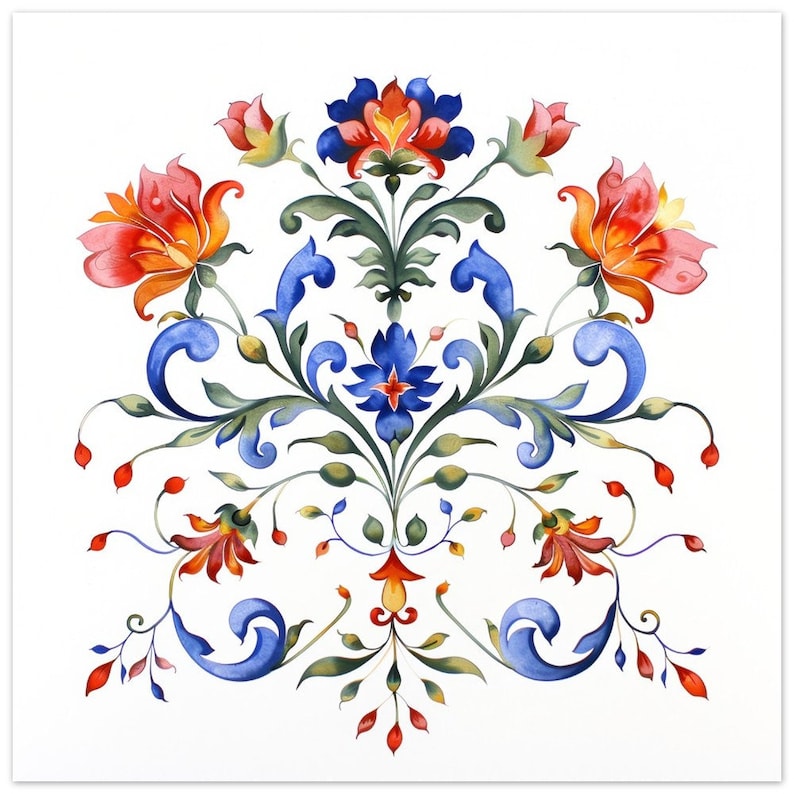Scandinavian Rosemaling Watercolor Print - Norwegian Floral Folk Art ...
