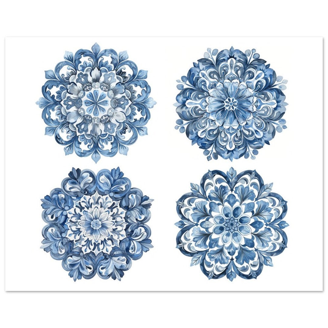 Dutch Blue Mandala Watercolor Art for Home Decor - Traditional Dutch ...