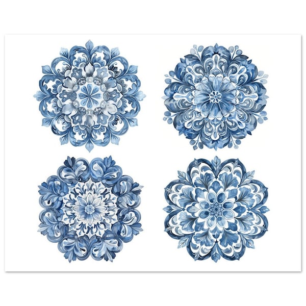 Traditional Dutch Floral Blue Watercolor Print Delftware Art, Blue ...