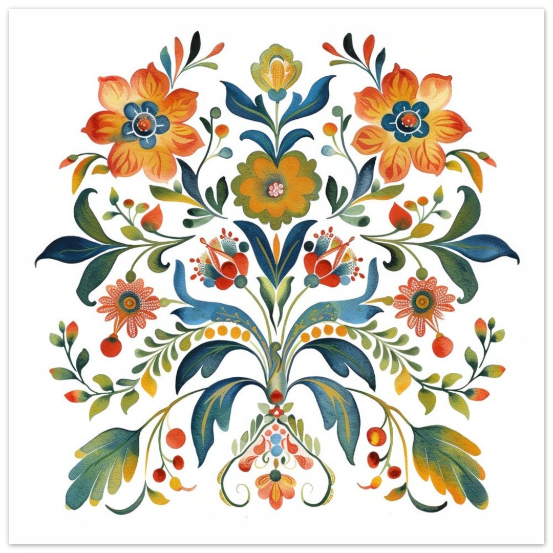 Scandinavian Rosemaling Watercolor Print - Norwegian Folk Art ...