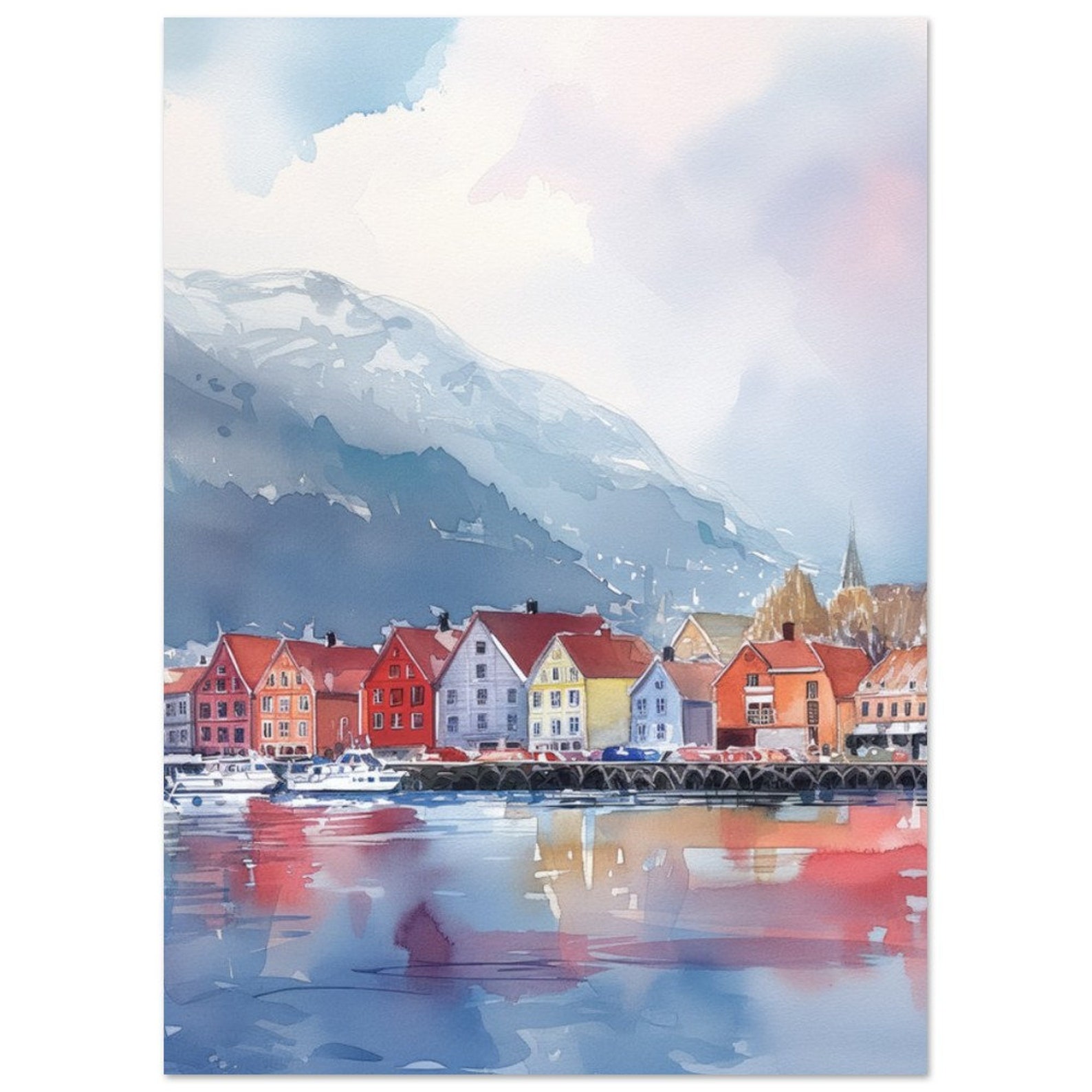 Bergen Watercolor Print Norway Art Norwegian Landscape Painting Coastal ...