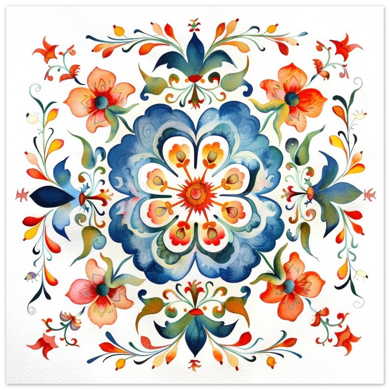 Rosemaling Watercolor Art Print - Norwegian Floral Design, Scandinavian ...