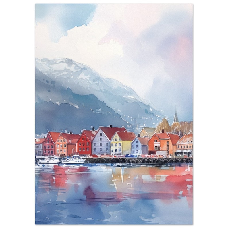 Bergen Watercolor Print Norway Art Norwegian Landscape Painting Coastal ...