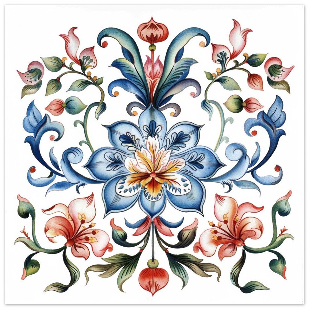 Norwegian Rosemaling Watercolor Art - Traditional Scandinavian Floral ...