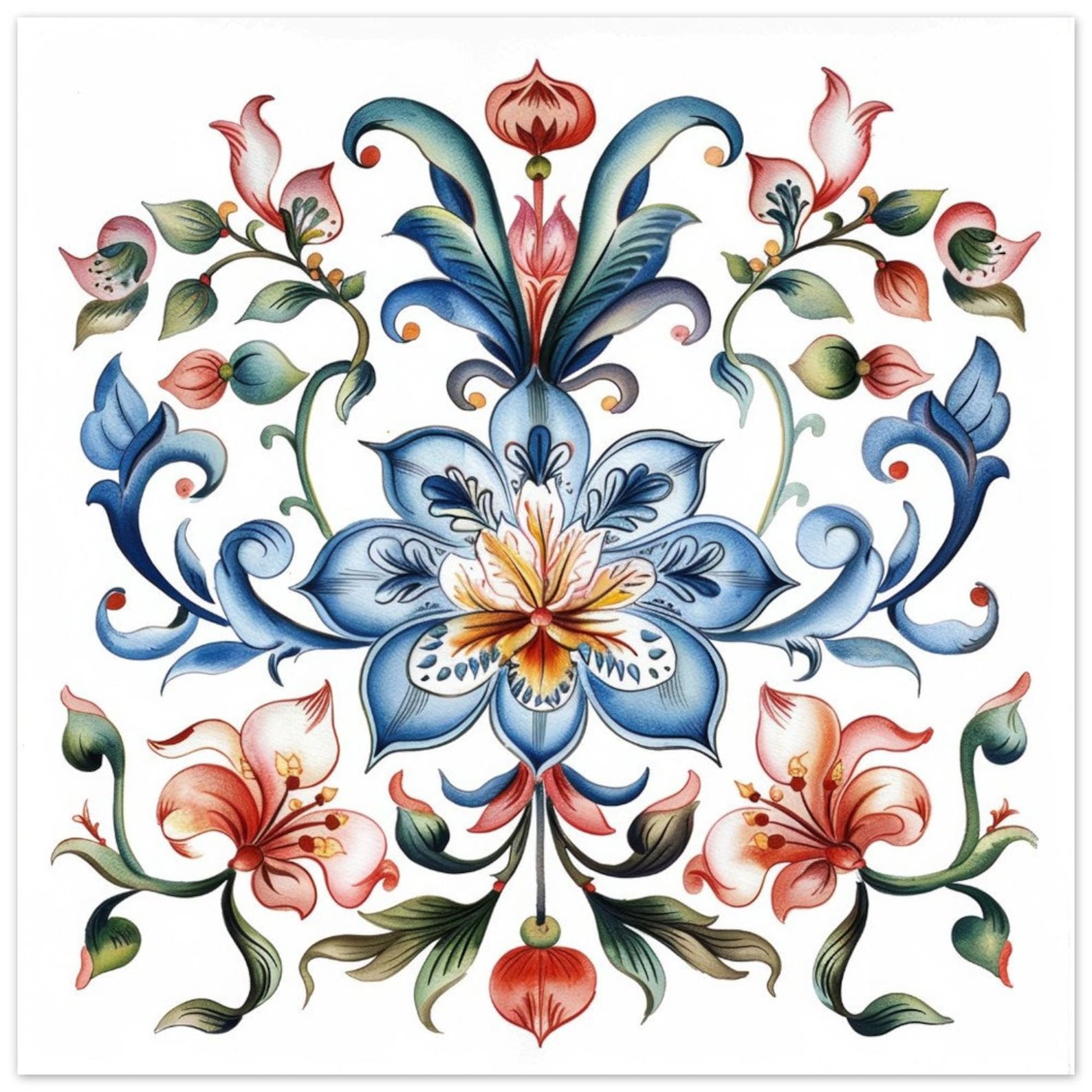 Norwegian Rosemaling Watercolor Art - Traditional Scandinavian Floral ...