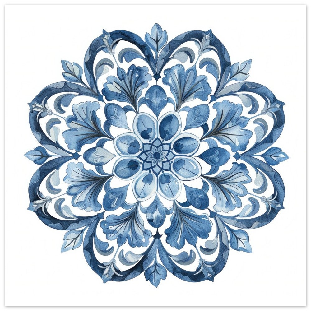 Delftware Inspired Circular Blue Watercolor Art - Blue Mandala Print ...