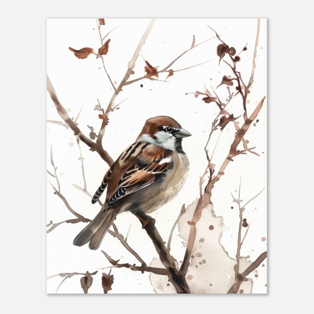 Sparrow Watercolor Print Bird Painting Modern Home Decor Bedroom Wall ...
