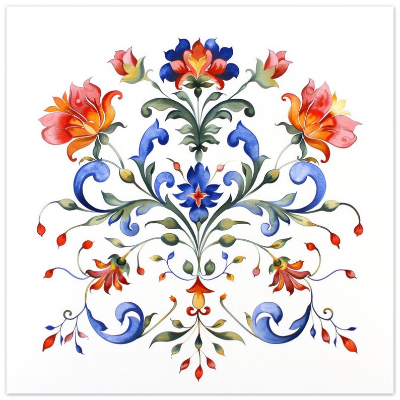 Scandinavian Rosemaling Watercolor Print - Norwegian Floral Folk Art ...