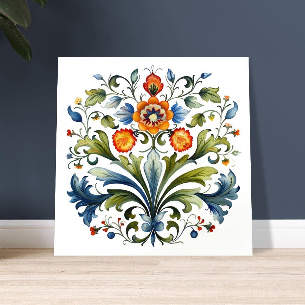 Rosemaling Watercolor Art Print - Norwegian Scandinavian Floral Folk ...