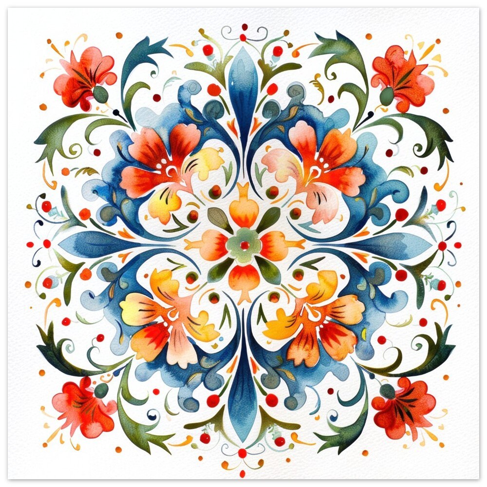 Norwegian Rosemaling Watercolor Print - Scandinavian Floral Art ...