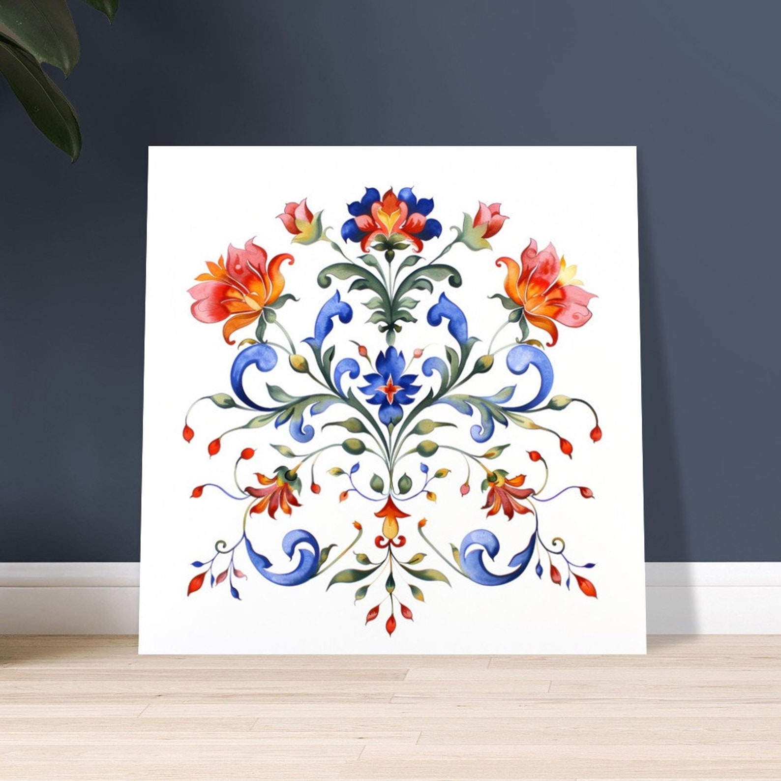 Scandinavian Rosemaling Watercolor Print - Norwegian Floral Folk Art ...