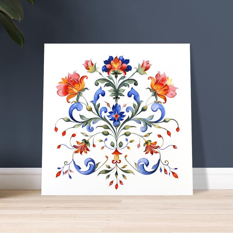 Scandinavian Rosemaling Watercolor Print - Norwegian Floral Folk Art ...