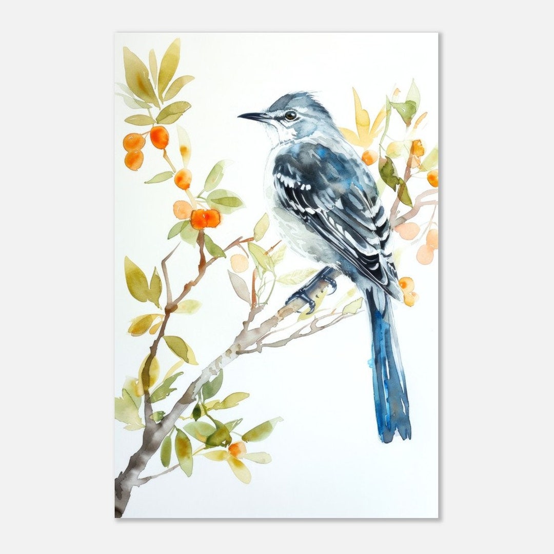 Mockingbird Watercolor Print Bird Painting Modern Home Decor Kitchen ...