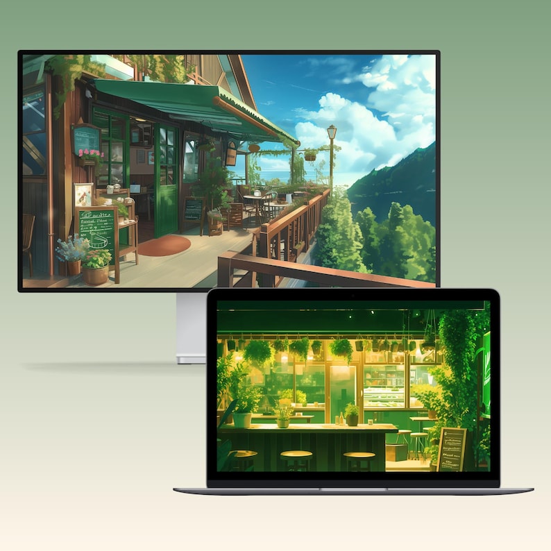 Cozy Green Cafe Wallpaper Laptop Wallpaper MacBook Wallpaper Anime ...