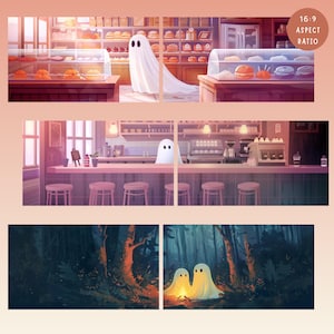 Cute Ghosts Dual Screen Desktop Wallpaper Halloween Wallpaper Spooky ...