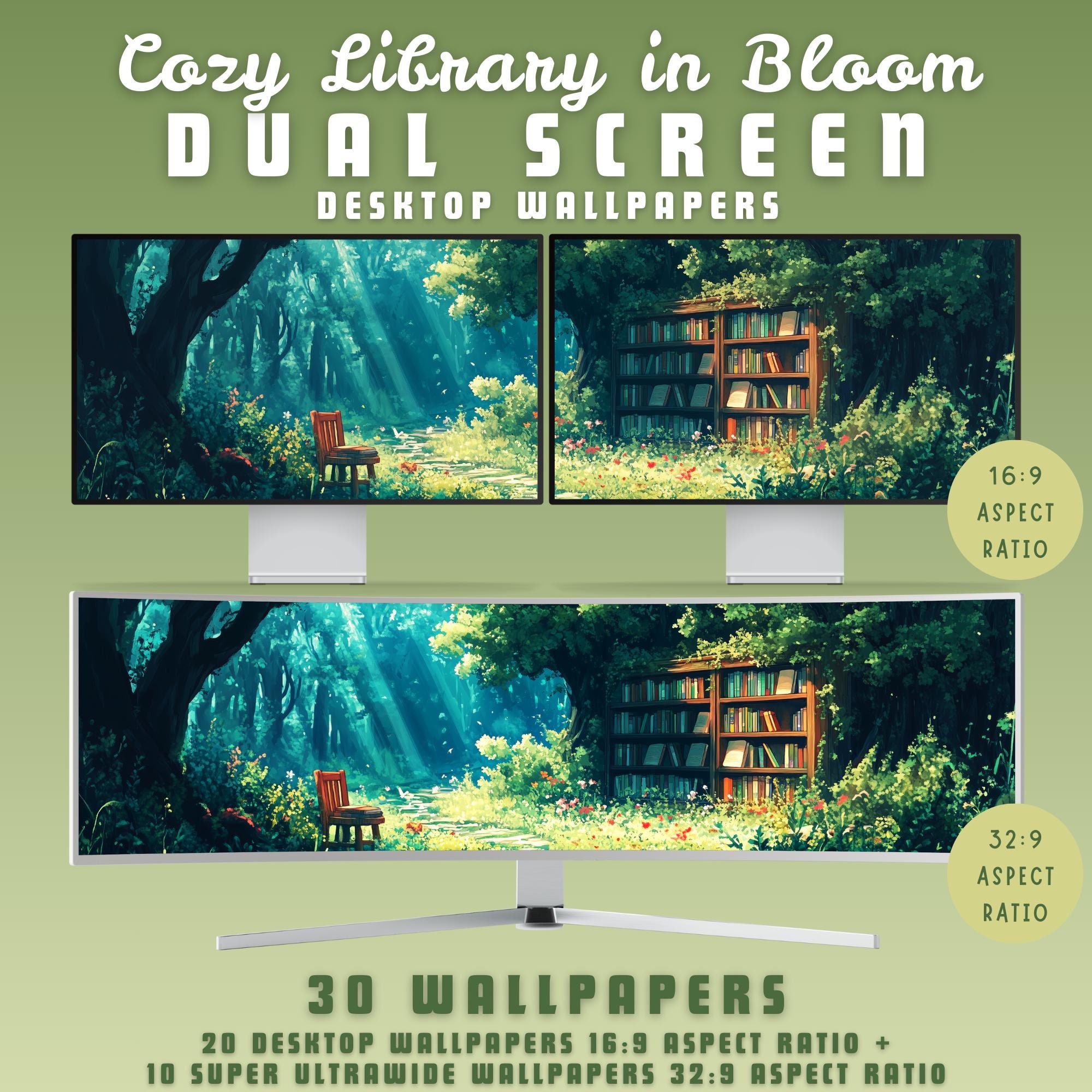 Cozy Library Dual Screen Desktop Wallpaper Anime Wallpaper Cozy Dual ...