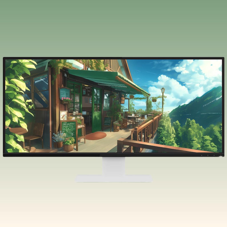 Cozy Green Cafe Ultrawide Wallpaper Lofi Desktop Wallpaper Studio ...