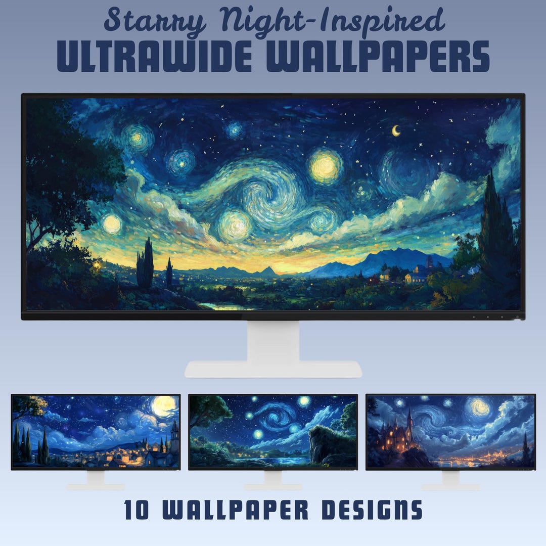 Starry Night Inspired Ultrawide Wallpaper Desktop Wallpaper Dark ...
