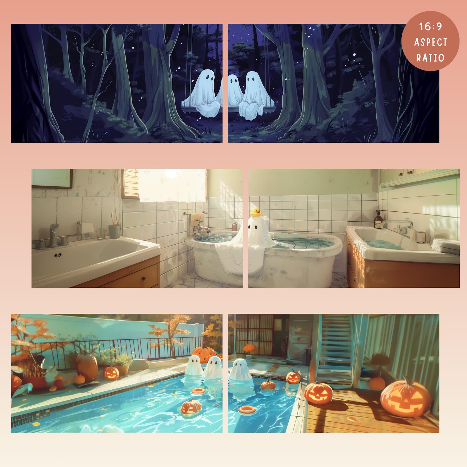 Cute Ghosts Dual Screen Desktop Wallpaper Halloween Wallpaper Spooky ...