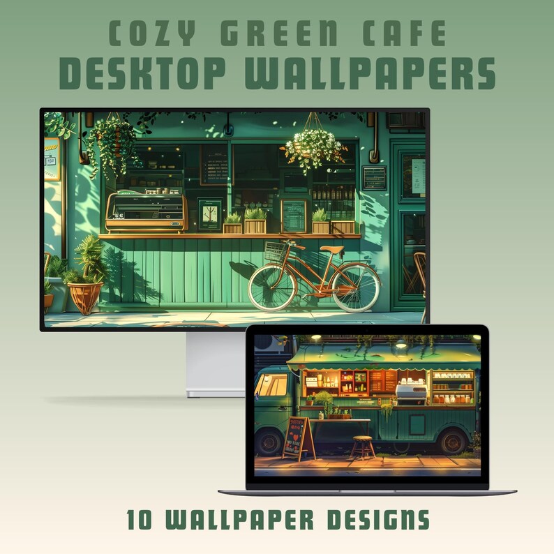 Cozy Green Cafe Wallpaper Laptop Wallpaper MacBook Wallpaper Anime ...