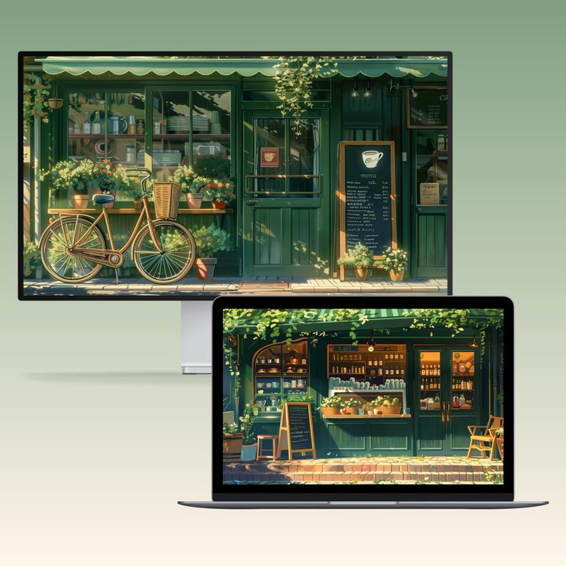 Cozy Green Cafe Wallpaper Laptop Wallpaper MacBook Wallpaper Anime ...