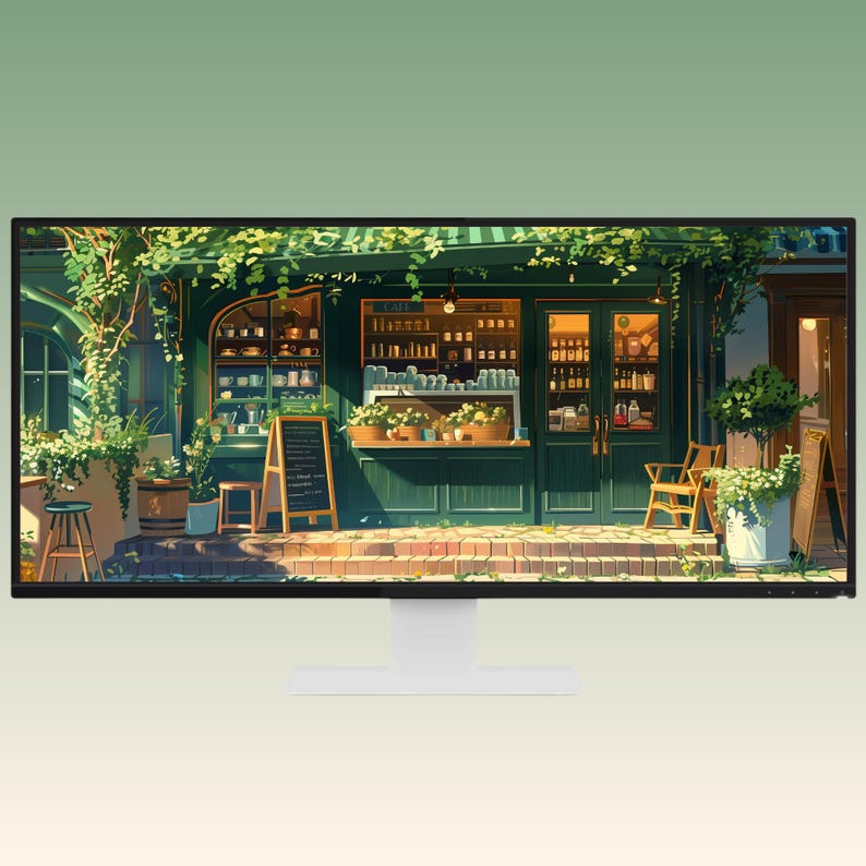 Cozy Green Cafe Ultrawide Wallpaper Lofi Desktop Wallpaper Studio ...