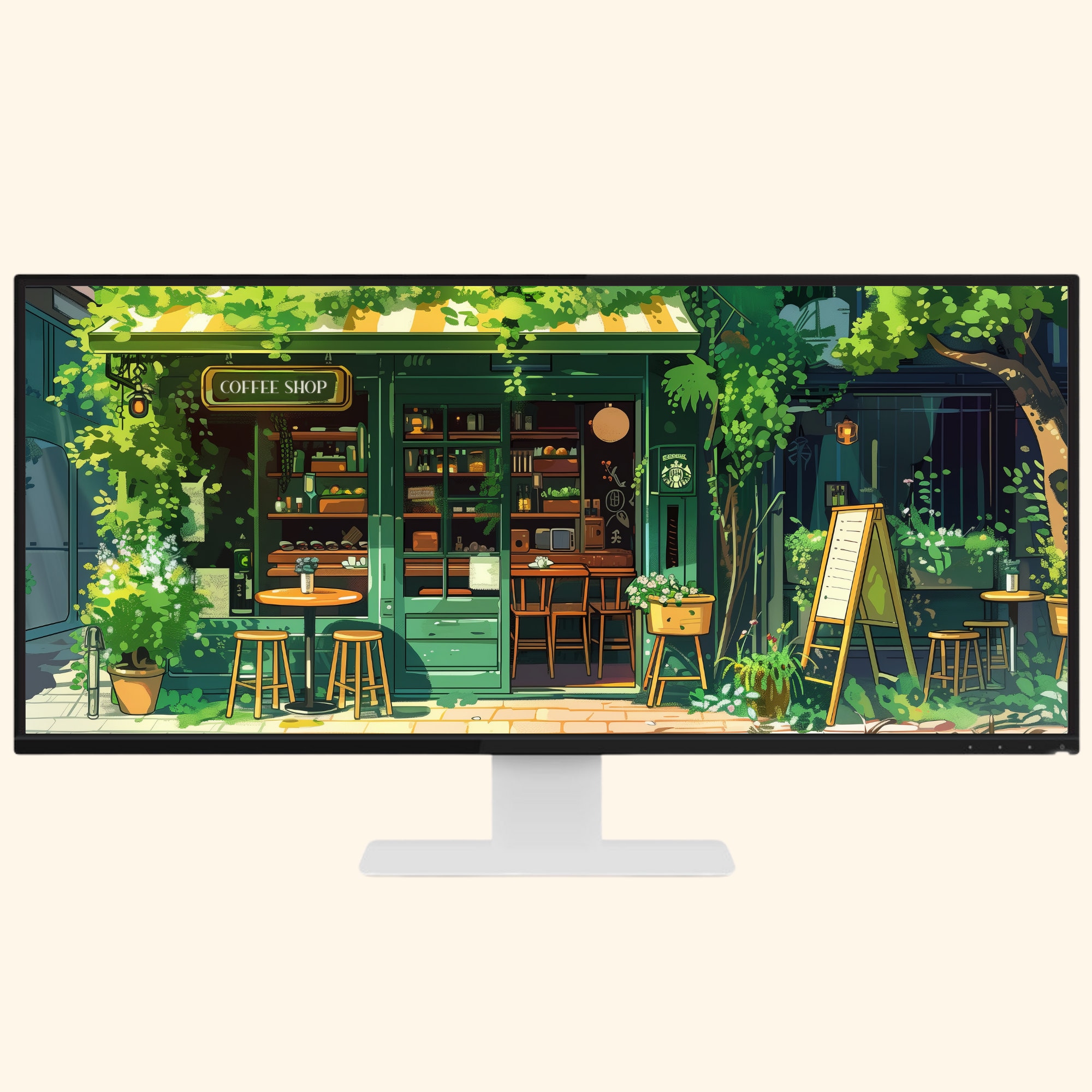Cozy Green Cafe Ultrawide Wallpaper Lofi Desktop Wallpaper Studio ...