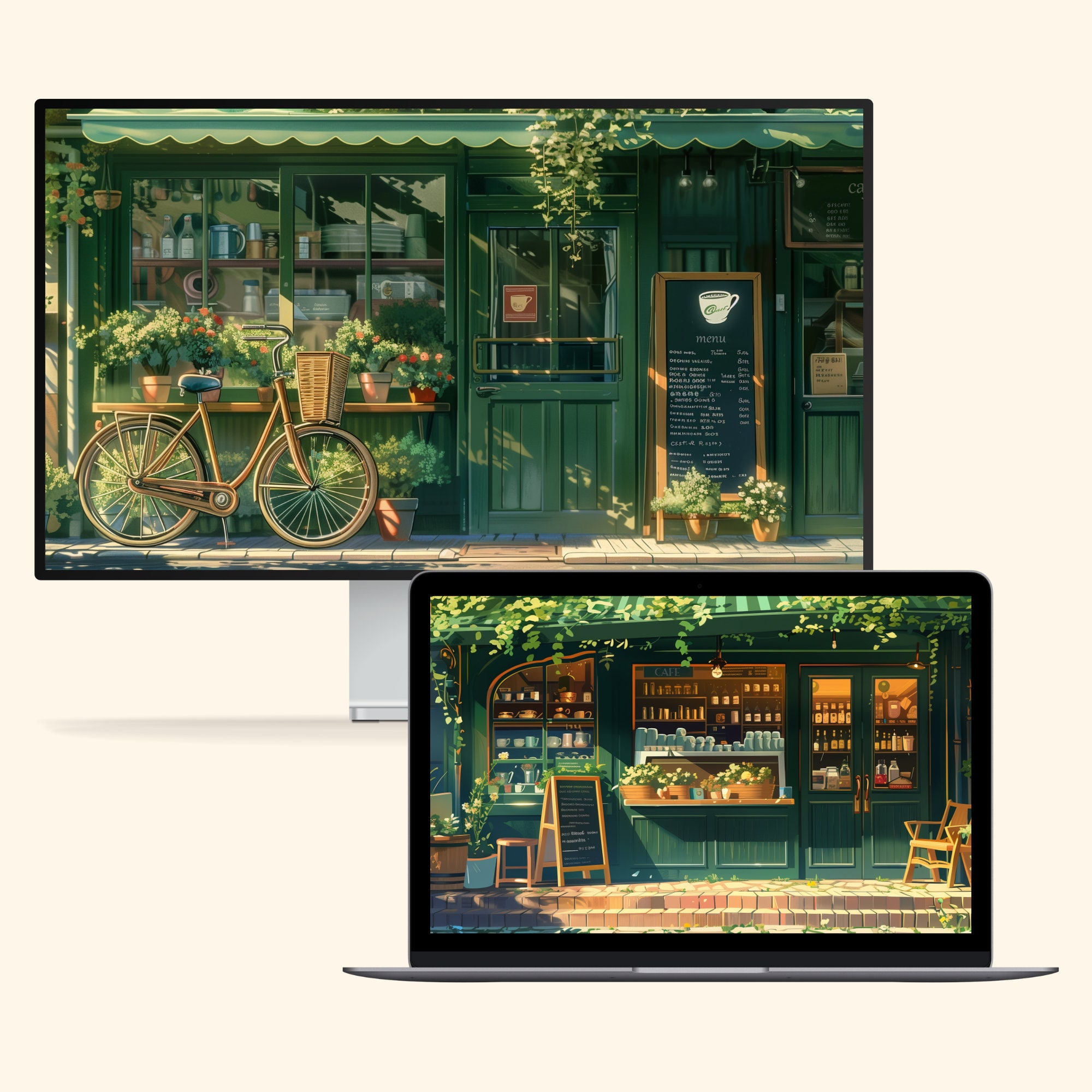 Cozy Green Cafe Wallpaper Laptop Wallpaper MacBook Wallpaper Anime ...