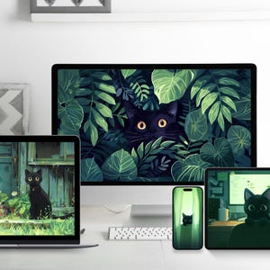 Black Cat Wallpaper Bundle Lofi Desktop Wallpaper MacBook Wallpaper Ghibli Cat Ultrawide ...
