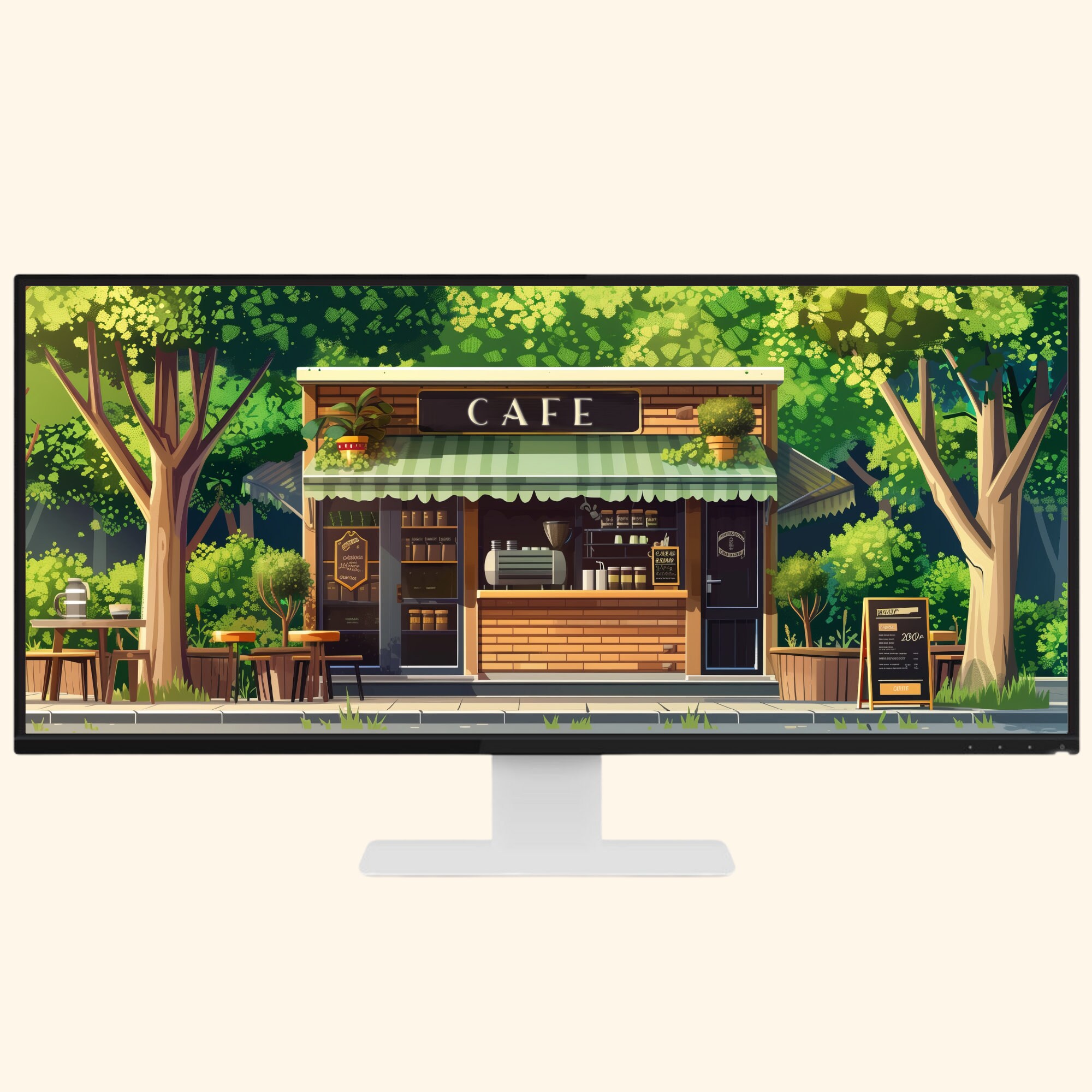 Cozy Green Cafe Ultrawide Wallpaper Lofi Desktop Wallpaper Studio ...