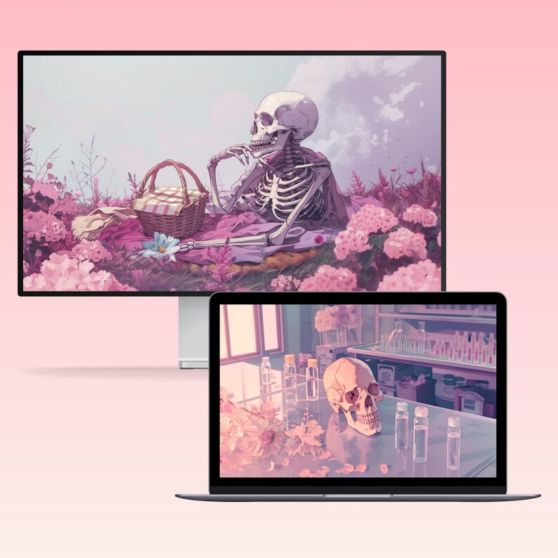 Halloween Desktop Wallpaper Pink Skeleton Laptop Wallpaper Lofi MacBook ...
