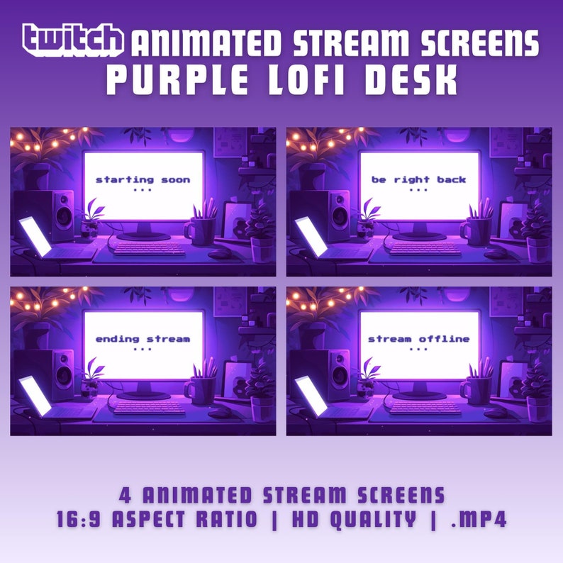 Twitch Animated Stream Screens Purple Lofi Desk Twitch Screens Obs ...