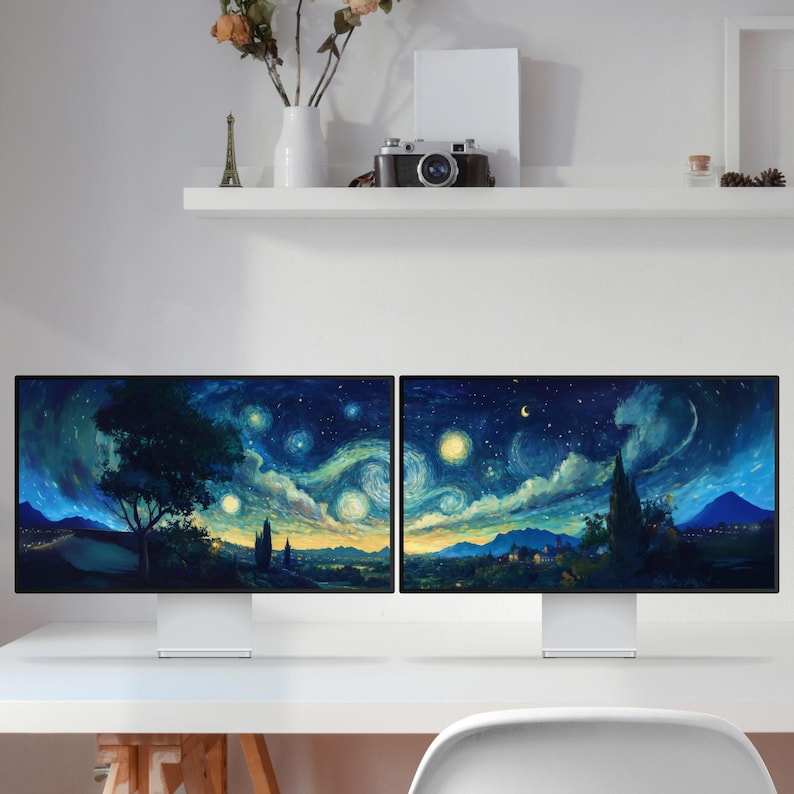Dual Screen Wallpaper Starry Night Inspired Desktop Wallpaper Super ...