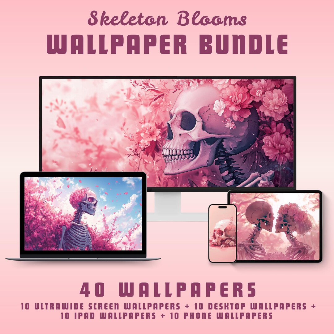Skeleton Blooms Wallpaper Bundle Halloween Desktop Wallpaper Spooky MacBook Wallpaper Super ...