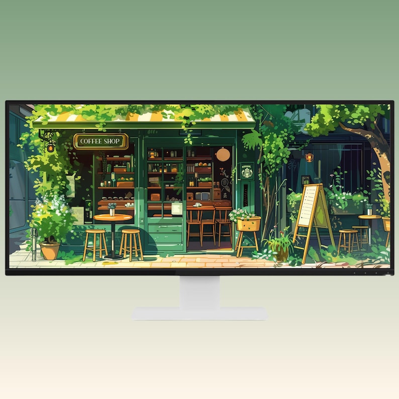 Cozy Green Cafe Ultrawide Wallpaper Lofi Desktop Wallpaper Studio ...