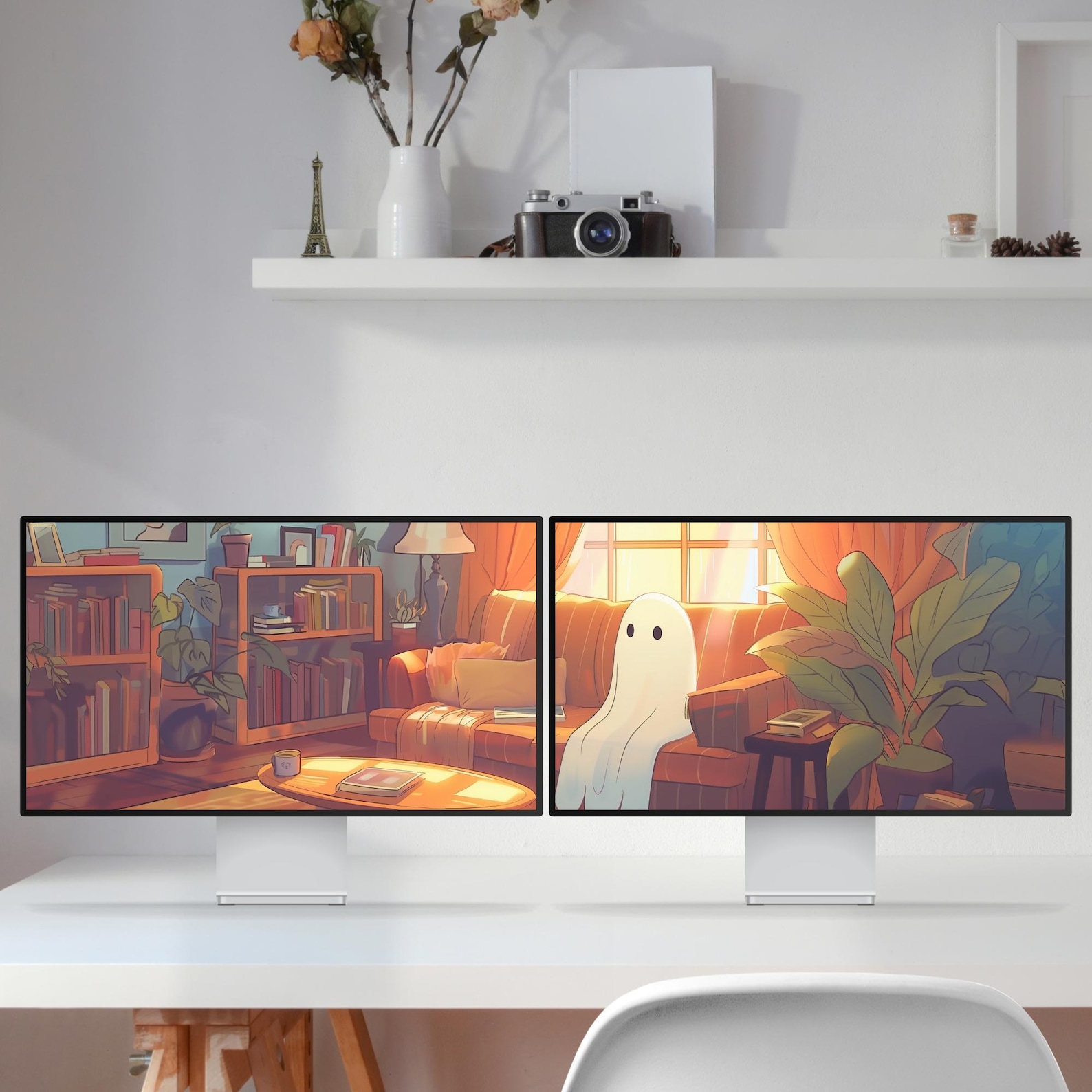 Cute Ghosts Dual Screen Desktop Wallpaper Halloween Wallpaper Spooky ...