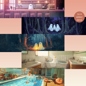 Cute Ghosts Dual Screen Desktop Wallpaper Halloween Wallpaper Spooky ...