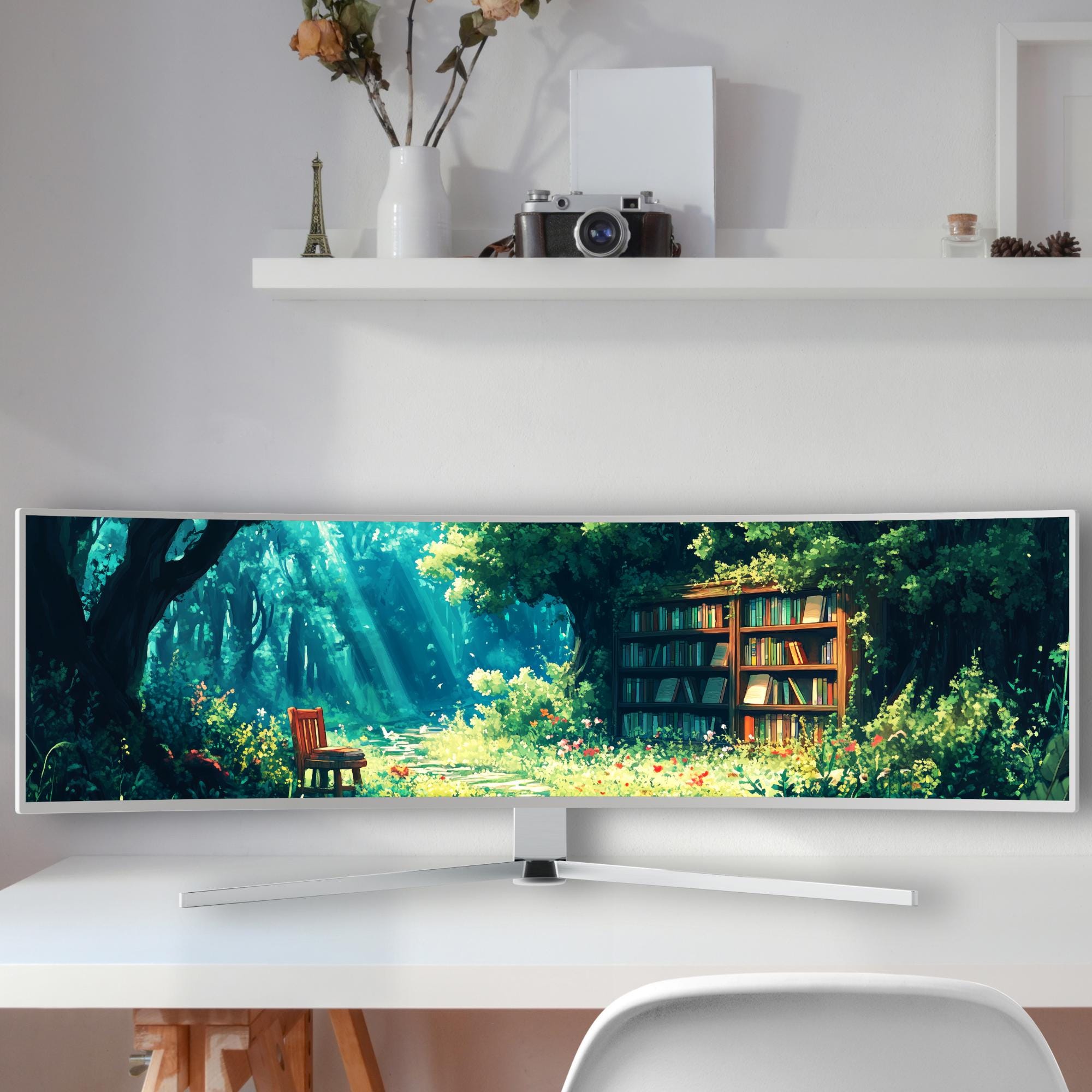 Cozy Library Dual Screen Desktop Wallpaper Anime Wallpaper Cozy Dual ...