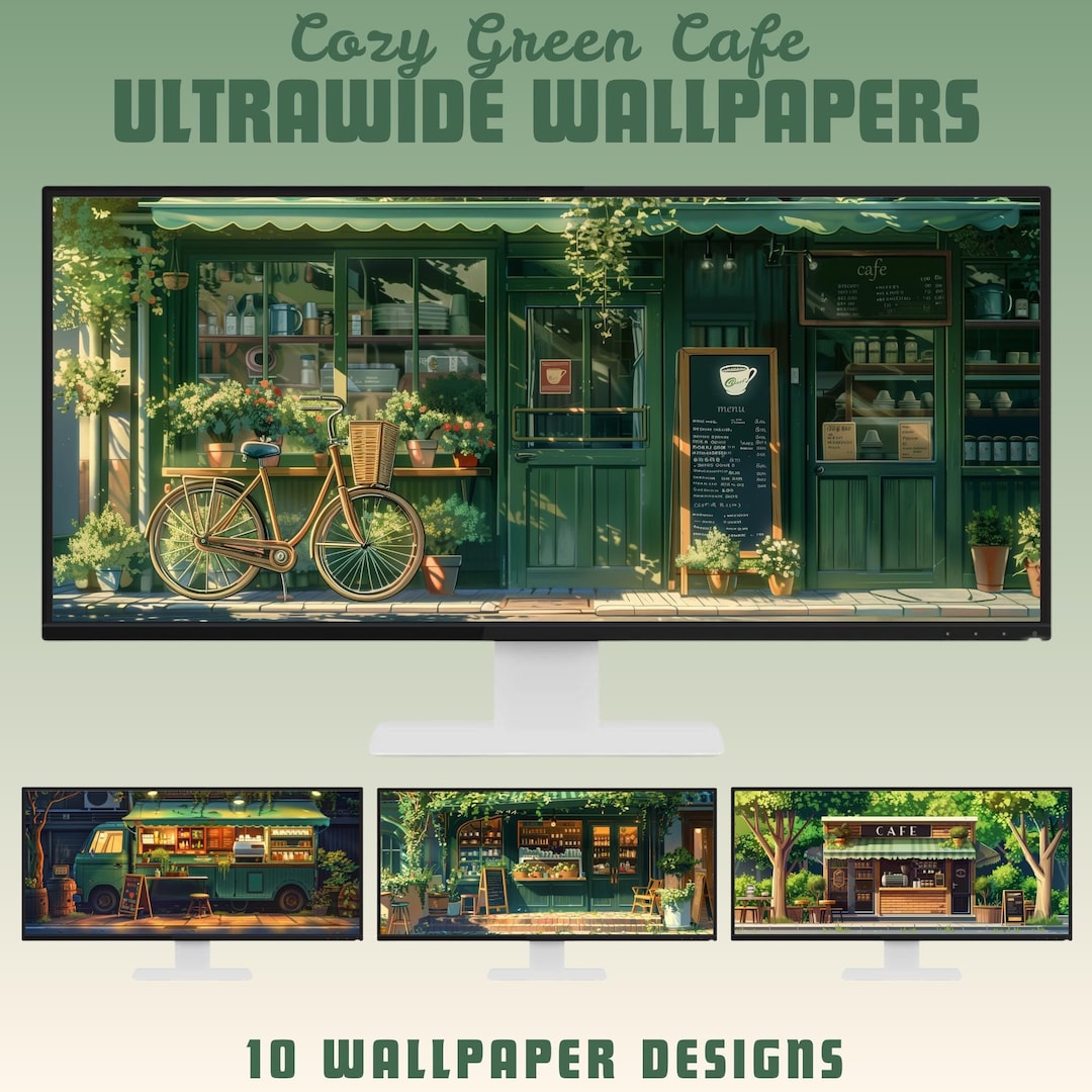 Cozy Green Cafe Ultrawide Wallpaper Lofi Desktop Wallpaper Studio ...
