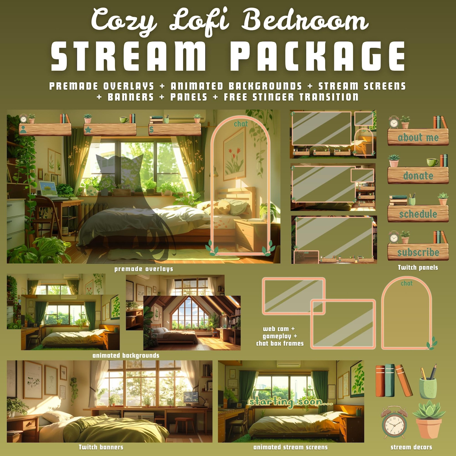 Animated Twitch Stream Package Cozy Bedroom Overlay Animated Twitch ...