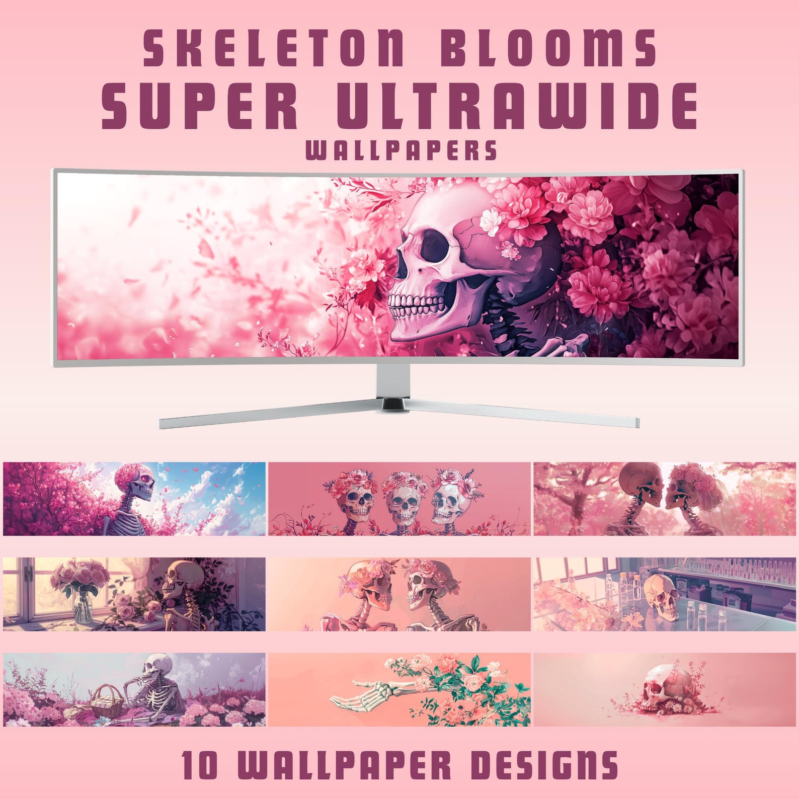 Skeleton Blooms Super Ultrawide Wallpaper Halloween Desktop Wallpaper Spooky Desktop Background ...
