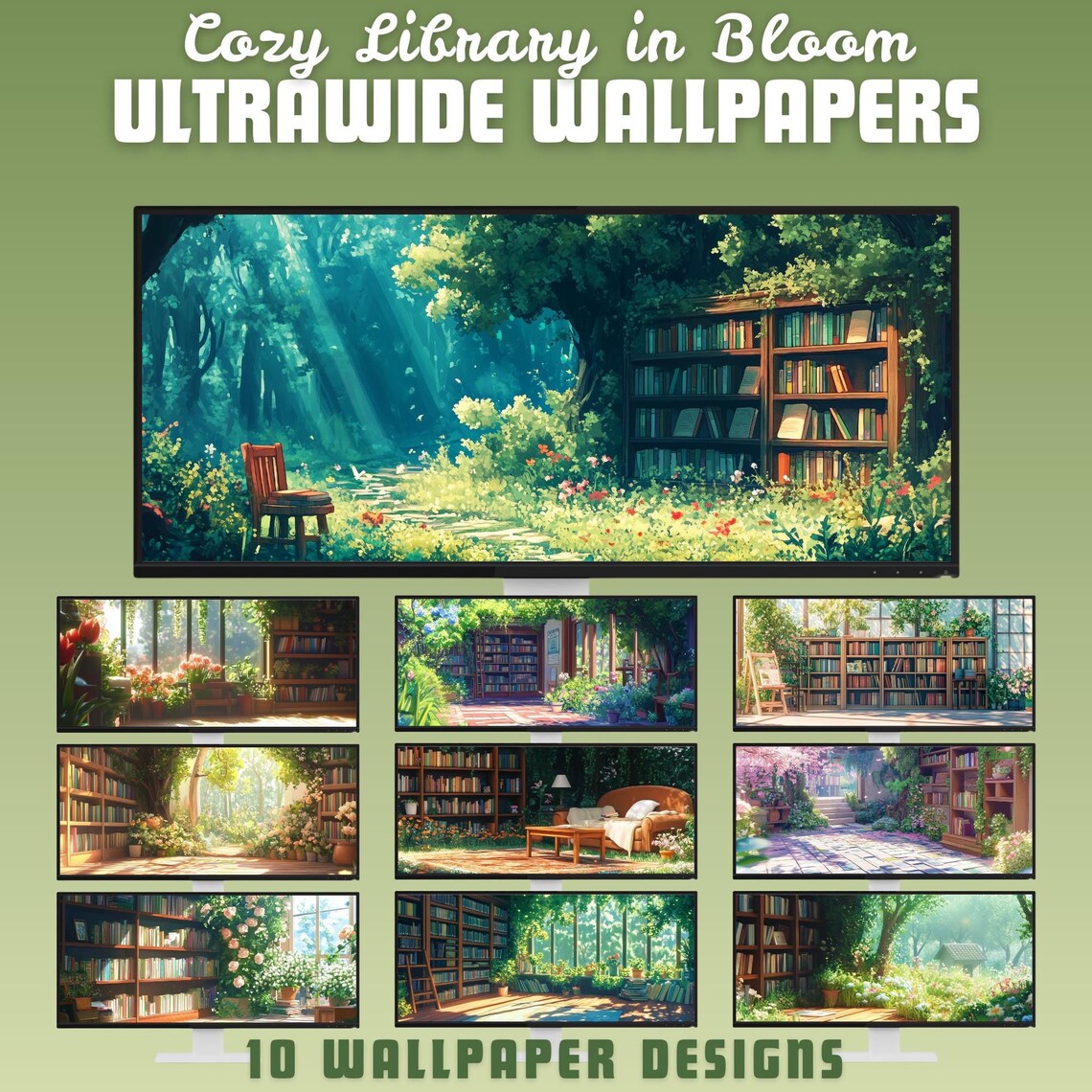 Cozy Library Ultrawide Wallpaper Forest Desktop Wallpaper Green ...