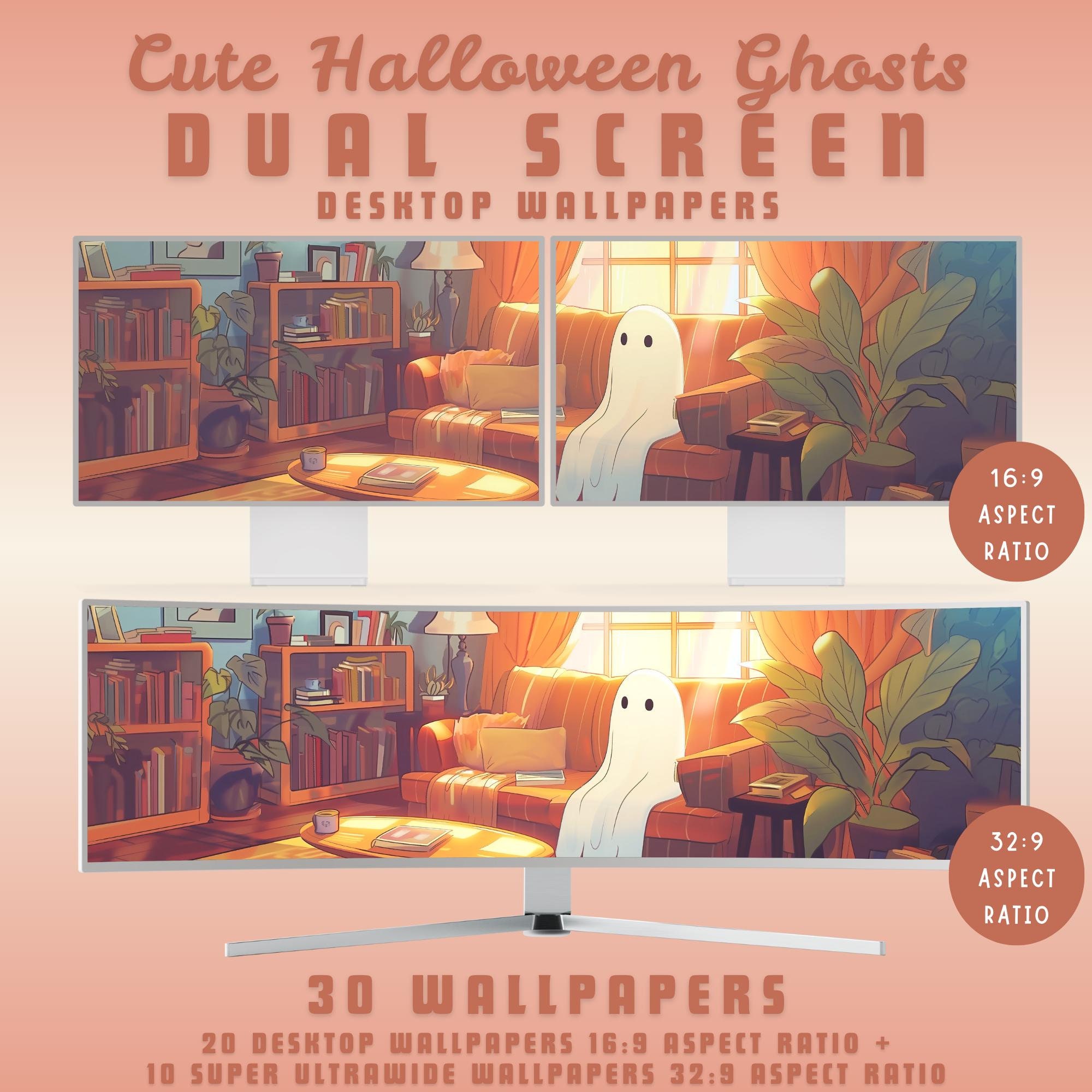 Cute Ghosts Dual Screen Desktop Wallpaper Halloween Wallpaper Spooky ...