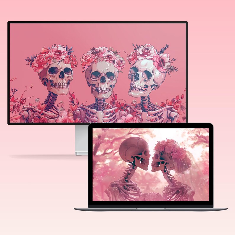 Halloween Desktop Wallpaper Pink Skeleton Laptop Wallpaper Lofi MacBook ...