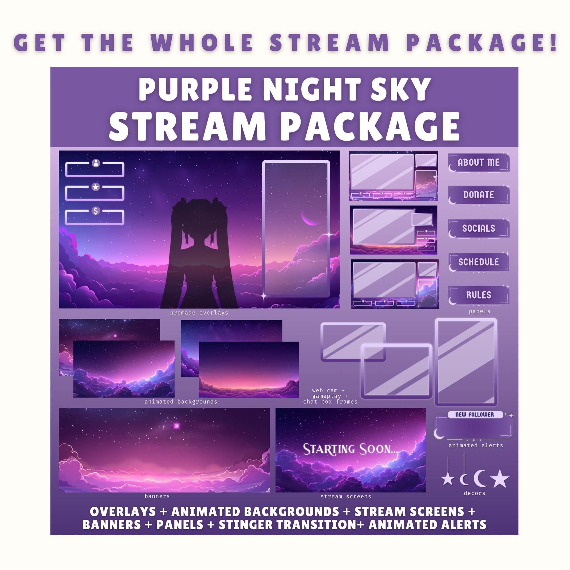 6x Purple Night Animated Alerts Twitch Animated Alerts Animated Stream ...