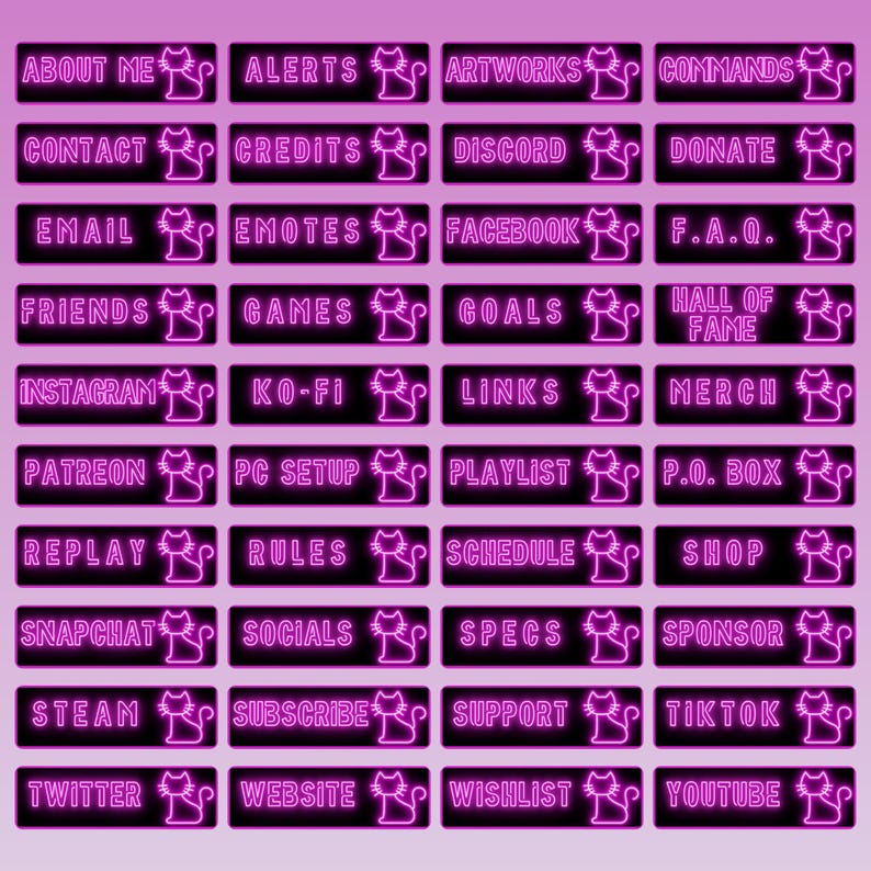 Neon Pink Cat Twitch Panels Pack Twitch Stream Panels Cute Twitch ...